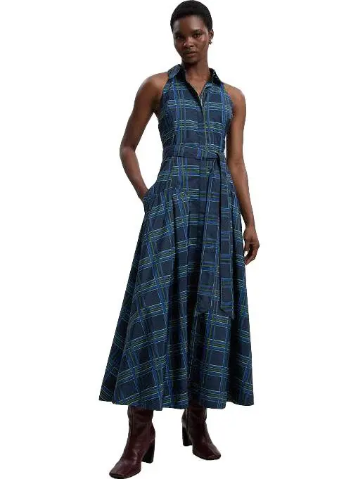 Karen Millen Check Taffeta Belted Maxi Shirt Dress - Navy