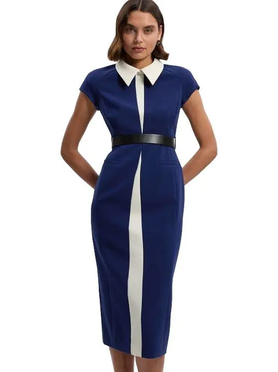 Karen Millen Contrast Collar Tailored Midi Dress - Navy