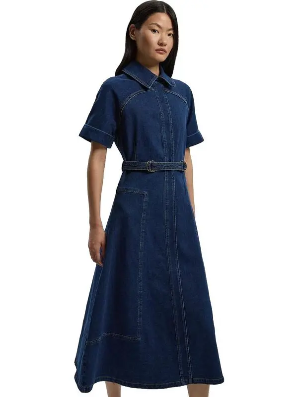 Karen Millen Stretch Denim Tab Belt Midi Dress - Mid Wash