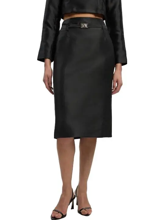 Karen Millen Satin Twill Belted Tailored Midi Skirt - Black