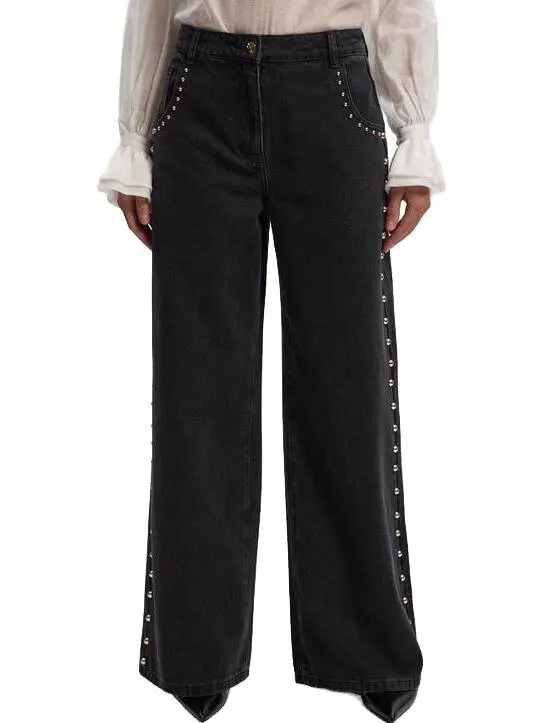 Karen Millen Denim Studded Wide Leg Jeans - Black