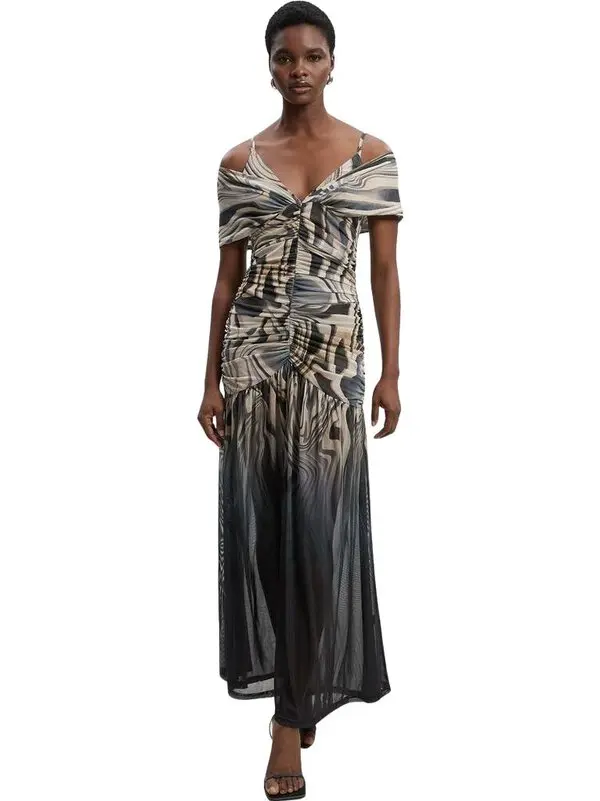 Karen Millen Marble Print Mesh Plunge Maxi Dress - Mono