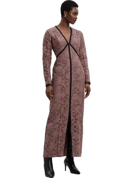 Karen Millen Petite V-neck Lace Tape Maxi Dress - Taupe