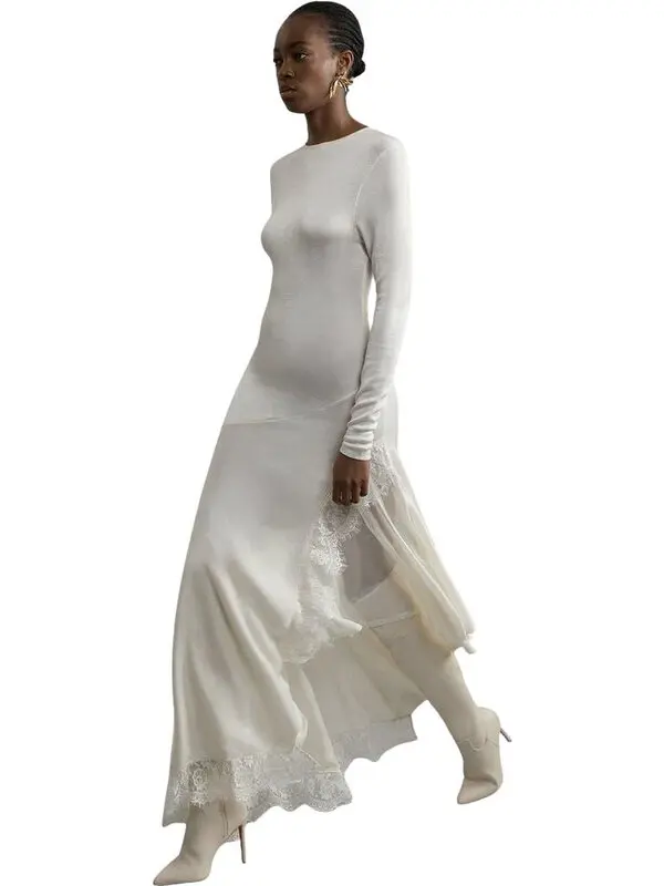 Karen Millen Slinky Lace Asymmetric Maxi Dress - Cream