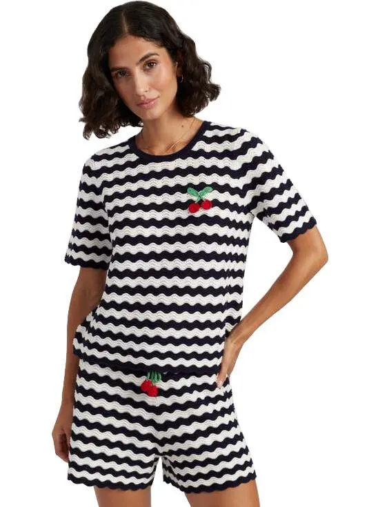 Chinti & Parker Crochet Cherry Tee - Blue/cream