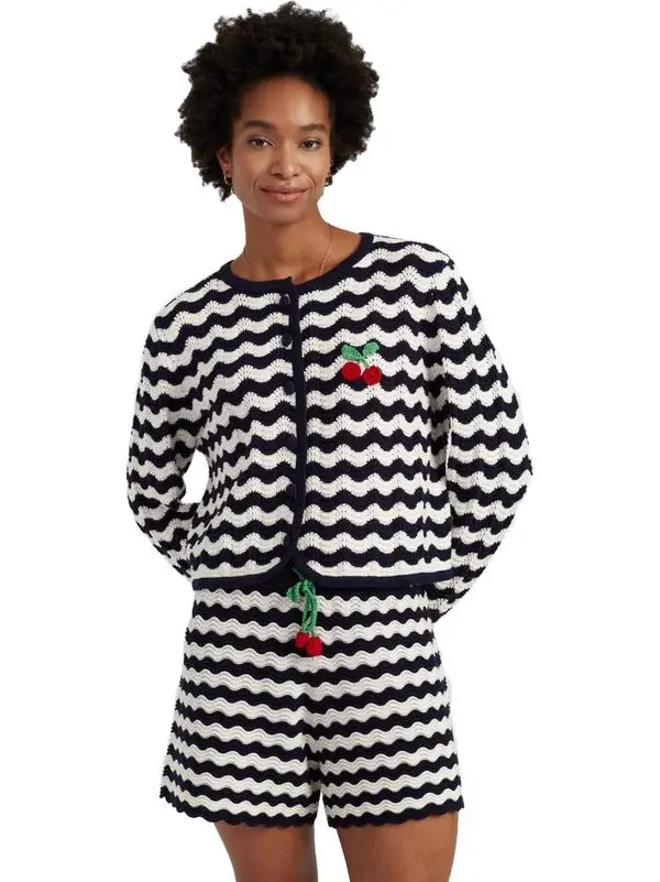 Chinti & Parker Cotton Cherry Crochet Cardigan - Blue/cream