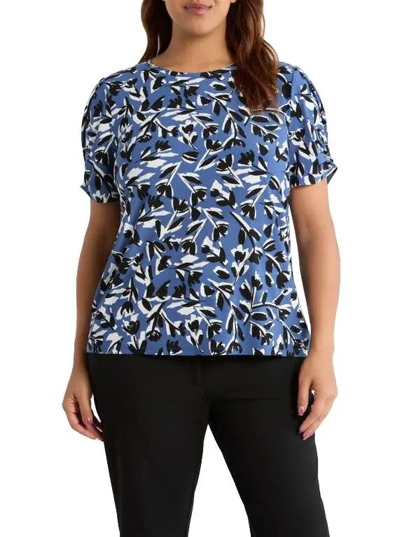 Anne Klein Floral Pleat Sleeve T-shirt - Blue Jay Multi