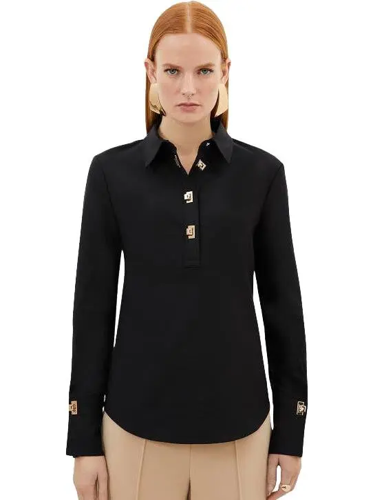 Karen Millen Techno Cotton Shirt With Gold Clasp Detail - Black