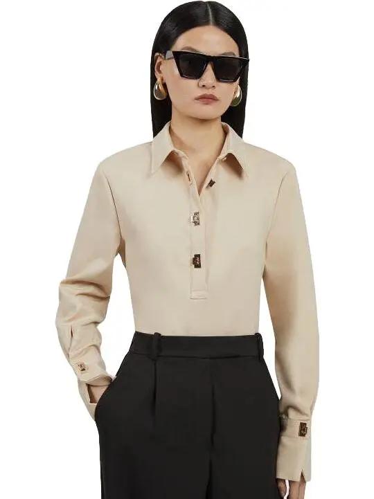 Karen Millen Techno Cotton Shirt With Gold Clasp - Sand