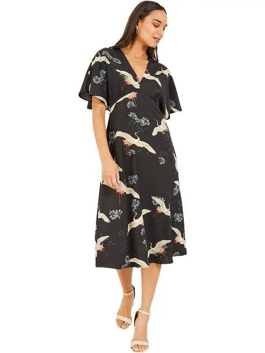 YUMI Printed V-neck Midi Dress - Black