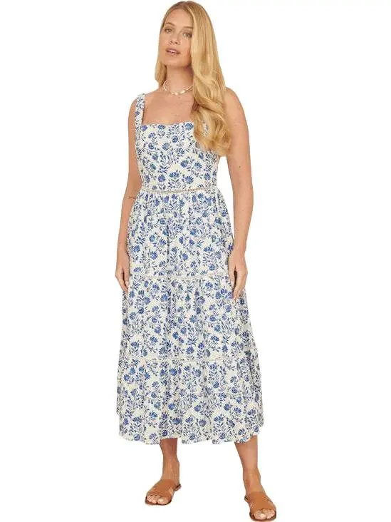 YUMI Floral Broderie Anglaise Cotton Midi Sun Dress - Blue