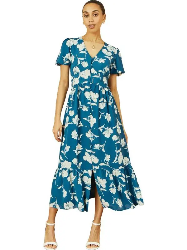YUMI Floral Button Down Midi Dress - Teal