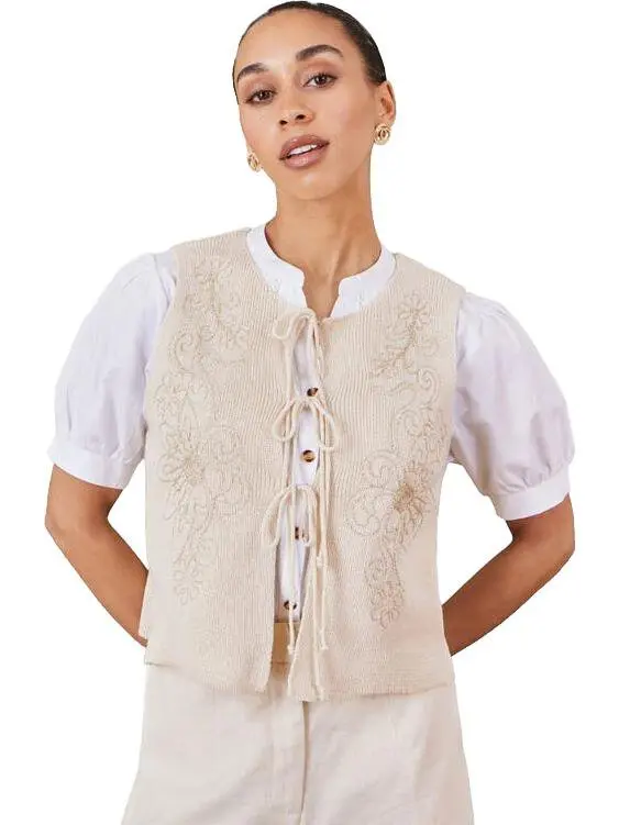YUMI Embroidered Tie Front Waistcoat - Beige