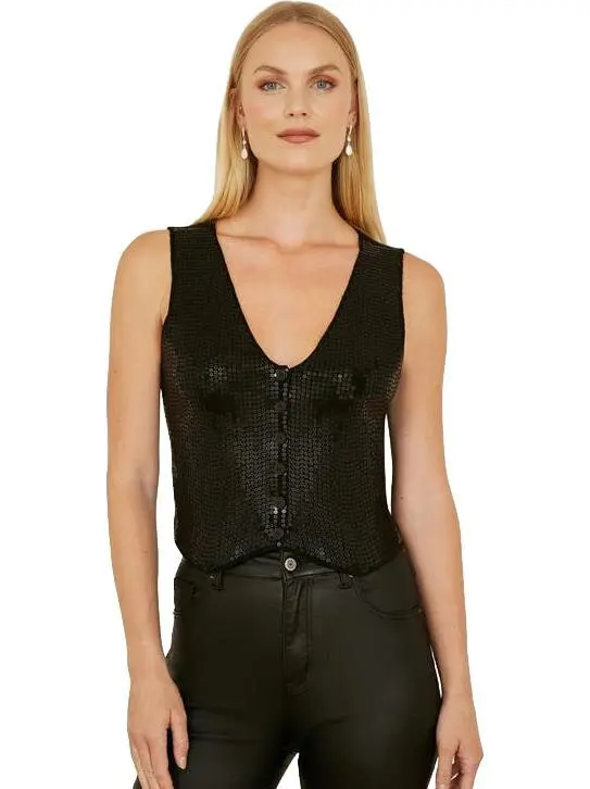 YUMI Sleeveless V-neck Sequin Waistcoat Top - Black