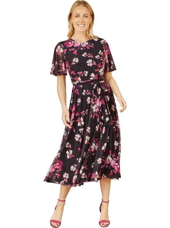 YUMI Mesh Skater Floral Midi Dress - Black