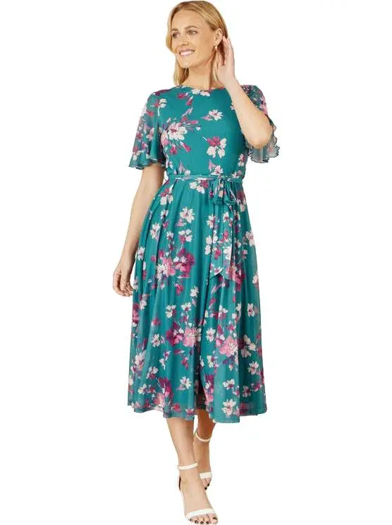 YUMI Mesh Skater Floral Midi Dress - Teal