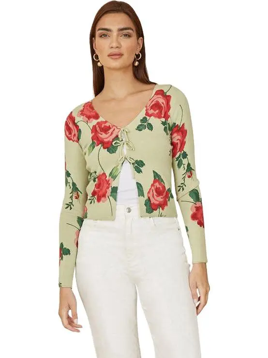 YUMI Long Sleeve V-neck Tie Front Cardigan - Green