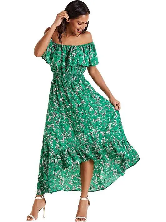 YUMI Floral Bardot Ruffled Hem Midi Dress - Green