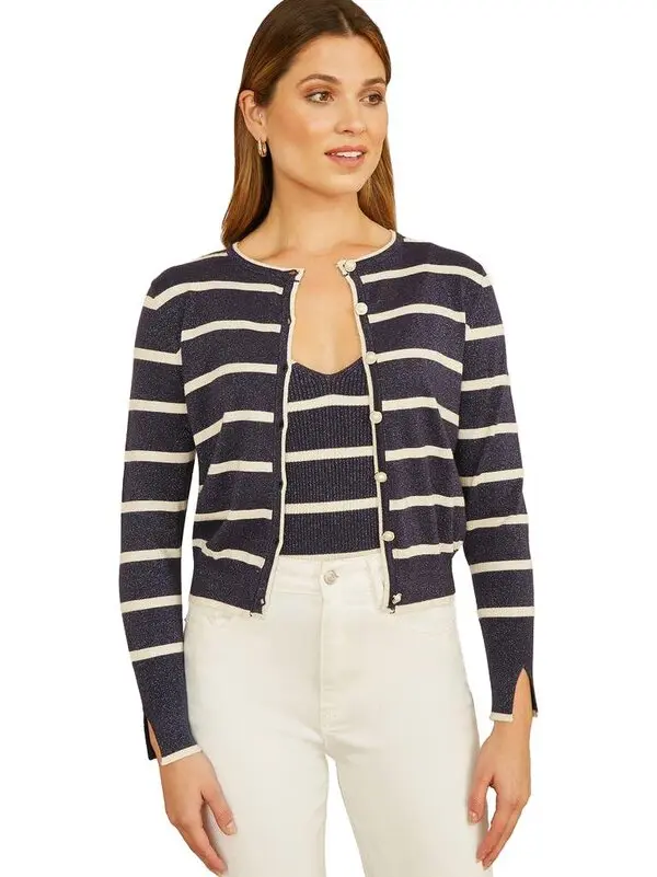 YUMI Long Sleeve Striped Cardigan - Navy