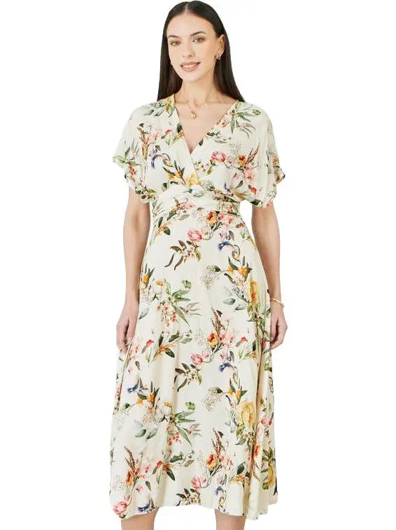 YUMI Floral Print Viscose Midi Dress - Ivory