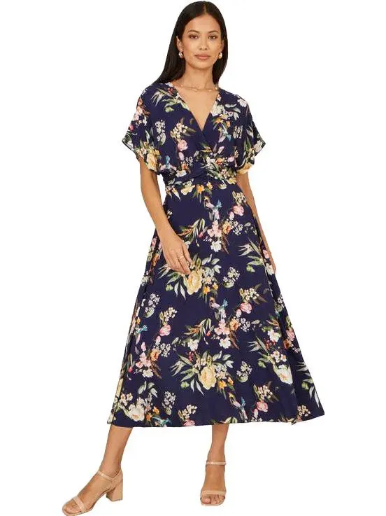 YUMI Floral Print Viscose Midi Dress - Navy
