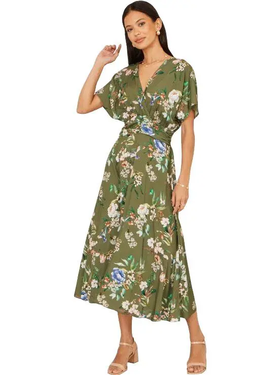 YUMI Floral Print Viscose Midi Dress - Sage Green