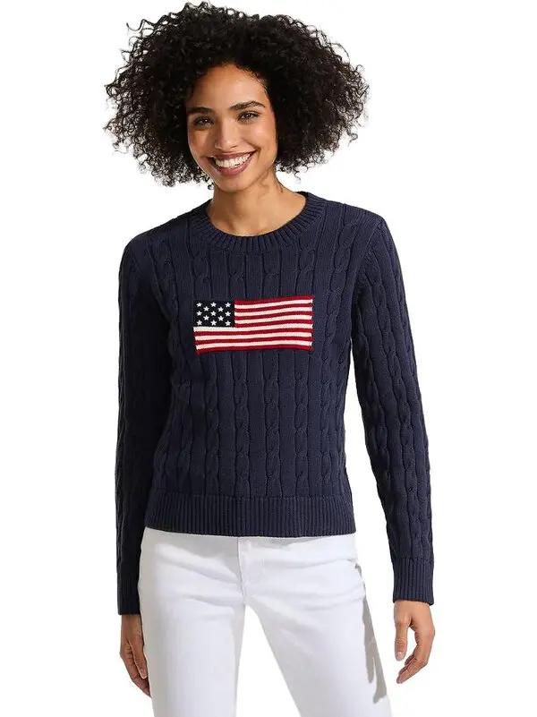 LANDS' END American Flag Cable Knit Drifter Sweater - Flag/faded Navy