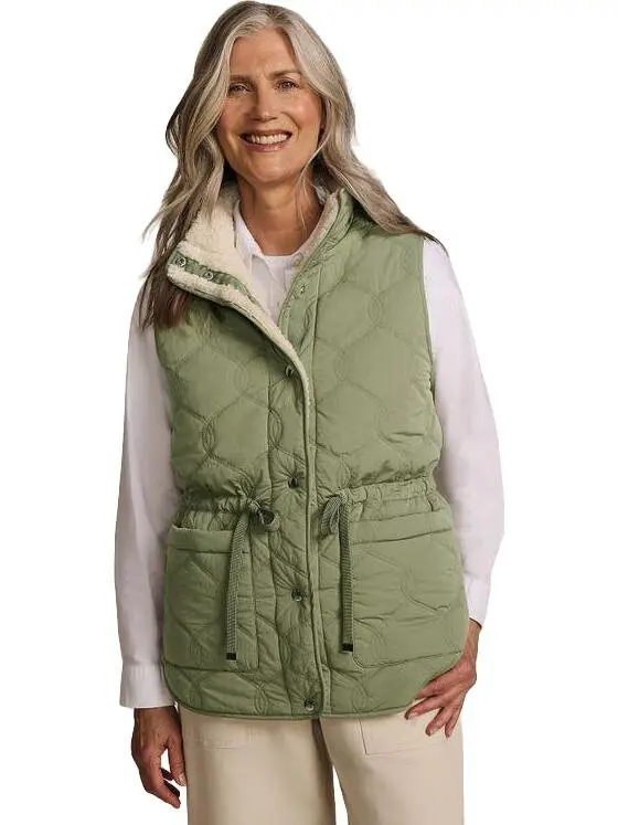 LANDS' END Reversible Quilted High Pile Fleece Vest - Sage Green/natural