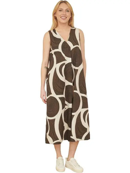 YUMI Sleeveless V-neck Midi Dress - Brown