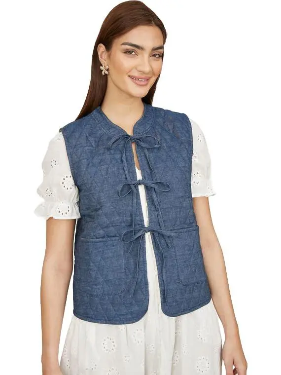 YUMI Reversible Quilted Tie-front Waistcoat - Blue