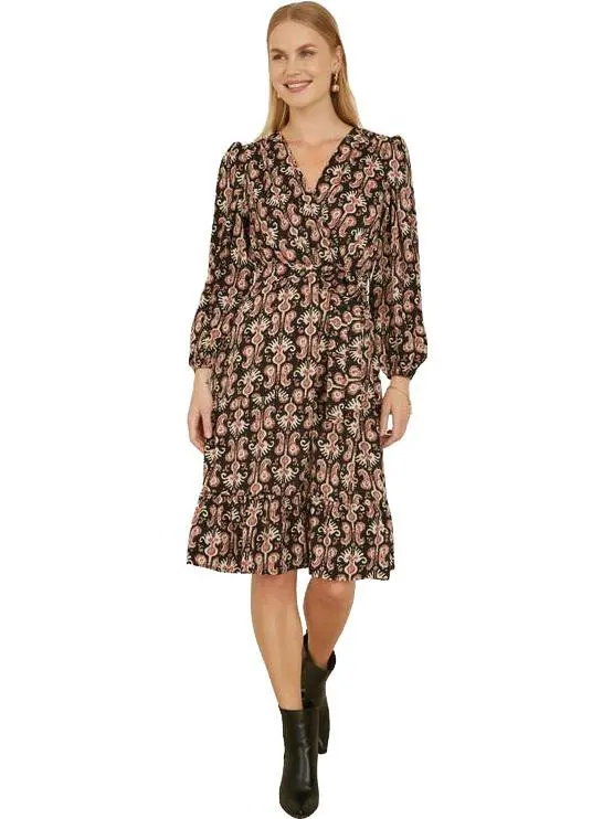 YUMI Ikat Print Long Sleeve Skater Midi Dress - Black