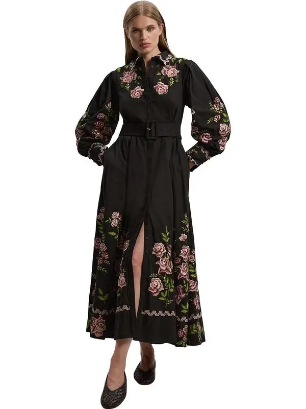 Karen Millen Rose Embroidered Cotton Twill Shirt Dress - Black