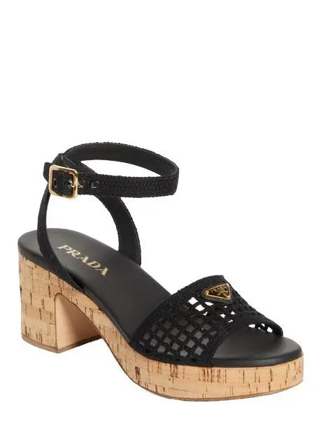 Prada Crochet Cork Platform Sandal - Black