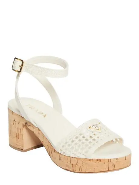 Prada Crochet Cork Platform Sandal - Off White