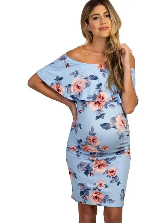 PINKBLUSH Rose Print Ruffle Fitted Maternity Dress - Light Blue