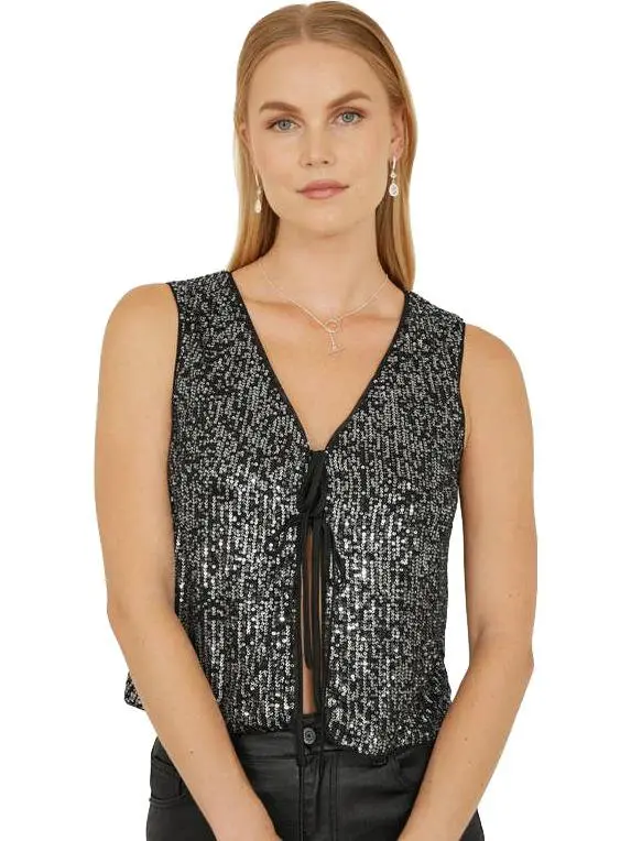 YUMI Sequin Tie Front Waistcoat Top - Black