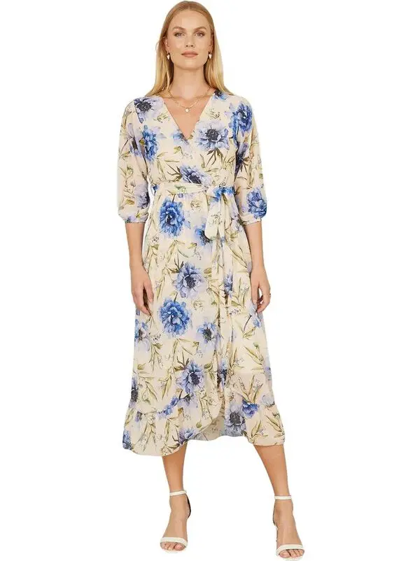YUMI 3/4 Sleeve V-neck Wrap Midi Dress - Cream