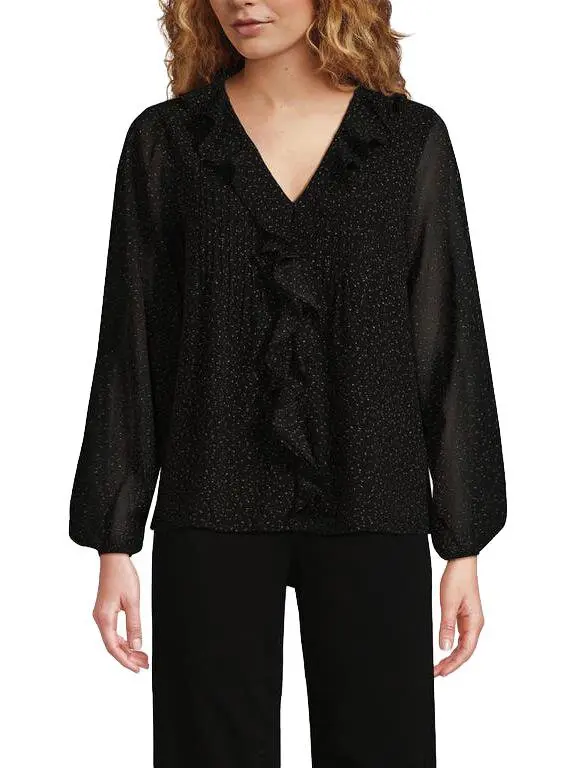 LANDS' END Chiffon Ruffle Front Pleated Blouse - Black Terrazzo Dot