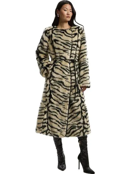 Karen Millen Faux Fur Animal Print Belted Midi Coat - Mono