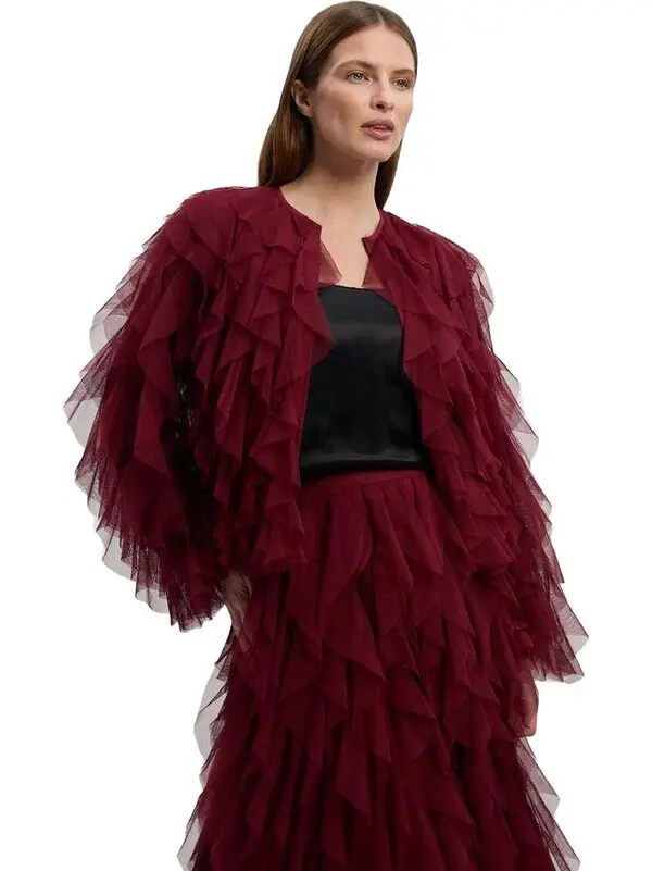 Karen Millen Tulle Ruffle Detail Woven Bomber Jacket - Cabernet