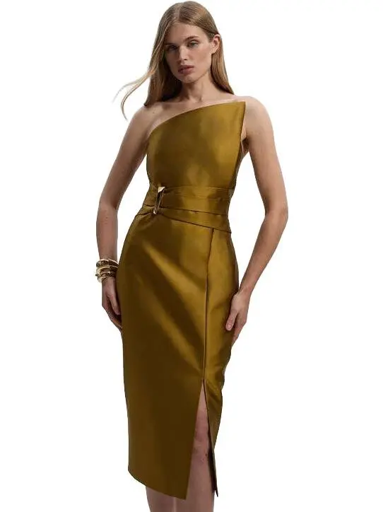 Karen Millen Satin Twill Asymmetric Neck Midi Dress - Gold