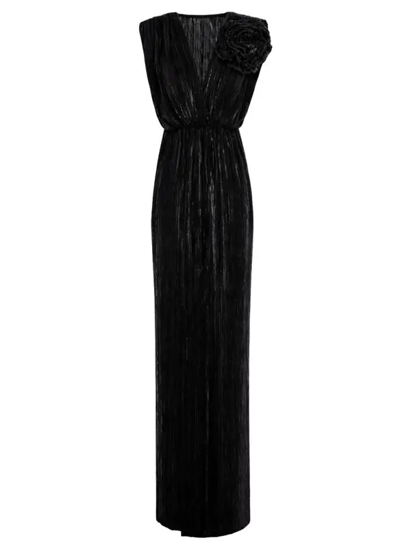 ROSERRY Sicily Maxi Pleated Lurex Satin Dress - Black