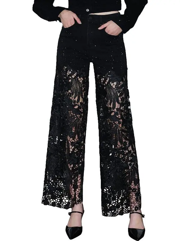 BAYEAS Wide Leg Lace Jeans With Rhinestone Embellishments - Black