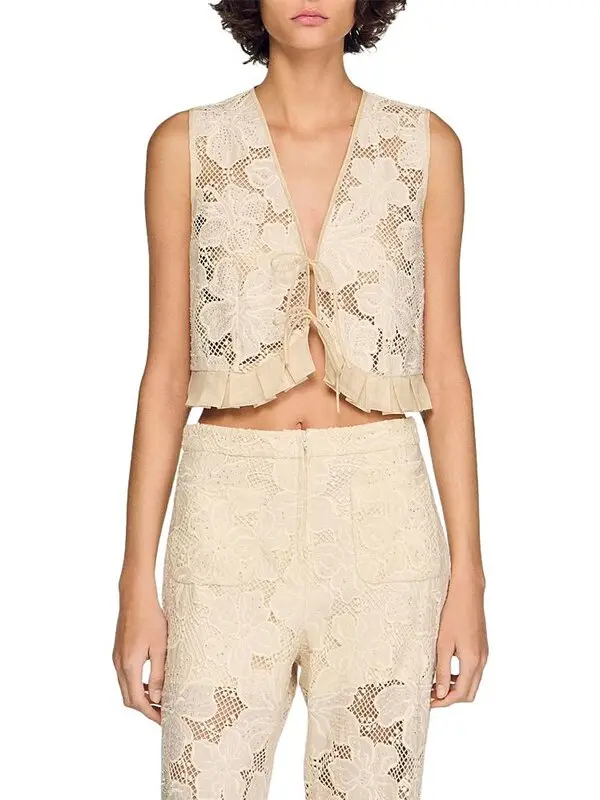 Sandro Guipure Lace Ruffle Crop Top - Ecru
