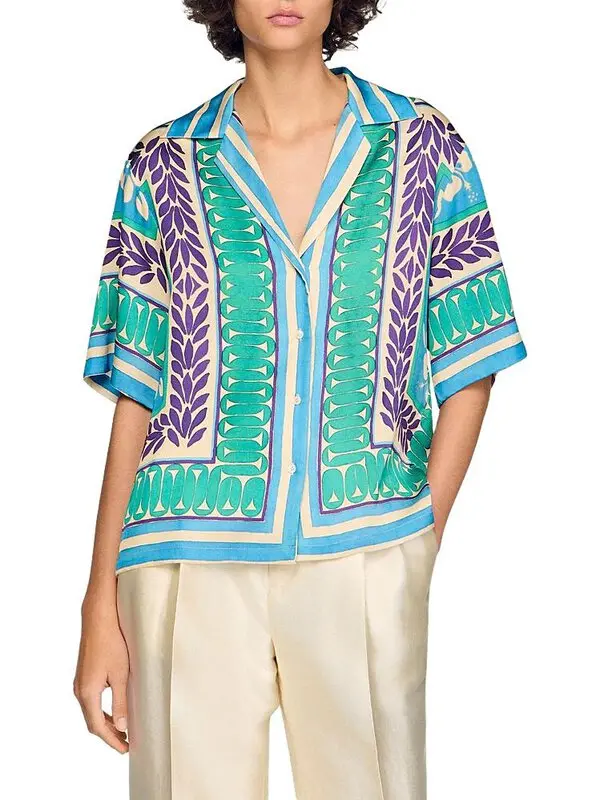 Sandro Printed Button Down Shirt - Green / Purple