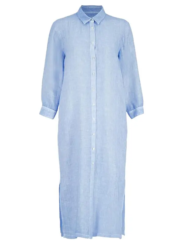 120% Lino Linen Maxi Shirt Dress - Blue