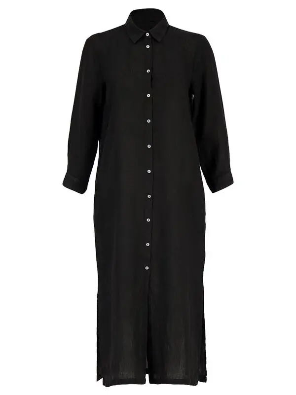 120% Lino Linen Maxi Shirt Dress - Black