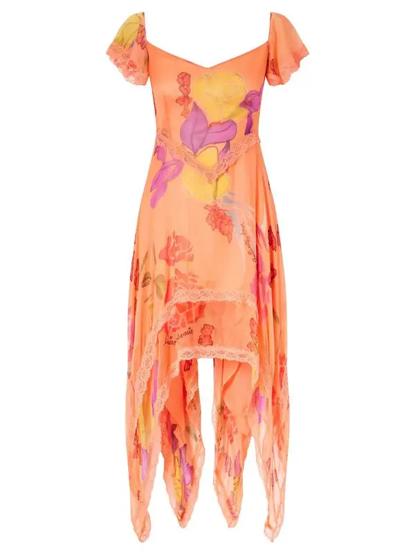 DONDE ESTEBAN Flores Ruffled Asymmetric Lace-trimmed Silk-chiffon Midi Dress - Orange