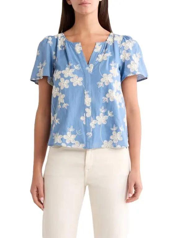SUGARLIPS Keren Embroidered Split Neck Top - Blue White