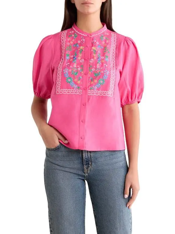 SUGARLIPS Kenedy Embroidered Puff Sleeve Top - Fuchsia